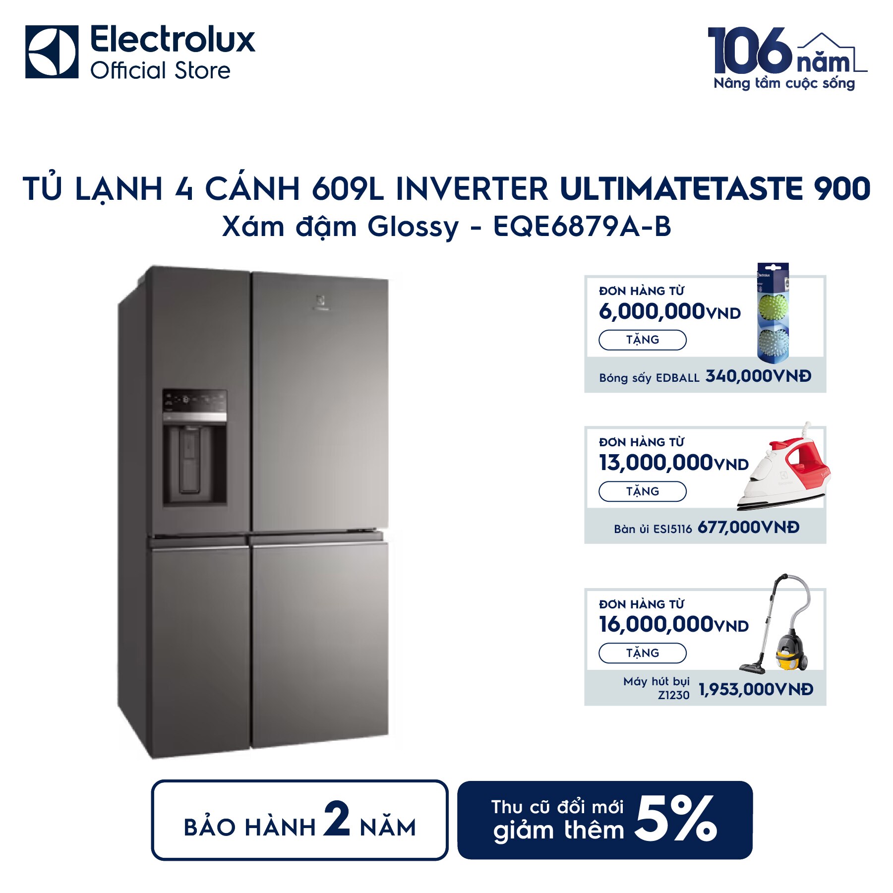 Tủ lạnh Electrolux 4 cánh Inverter 609 lít EQE6879A-B