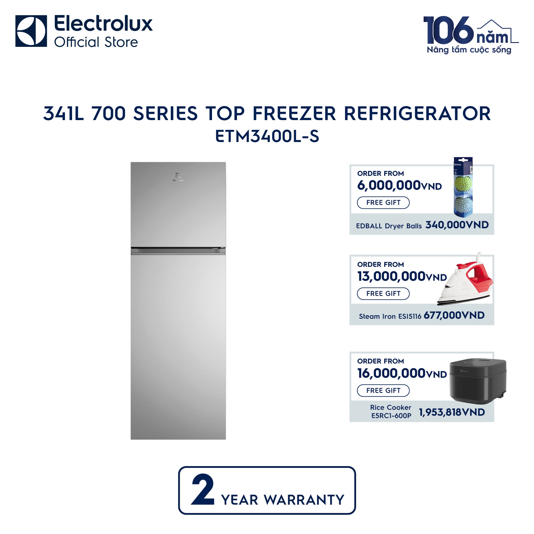 341L 700 Series Top freezer refrigerator - ETM3400L-S | Electrolux Viet Nam